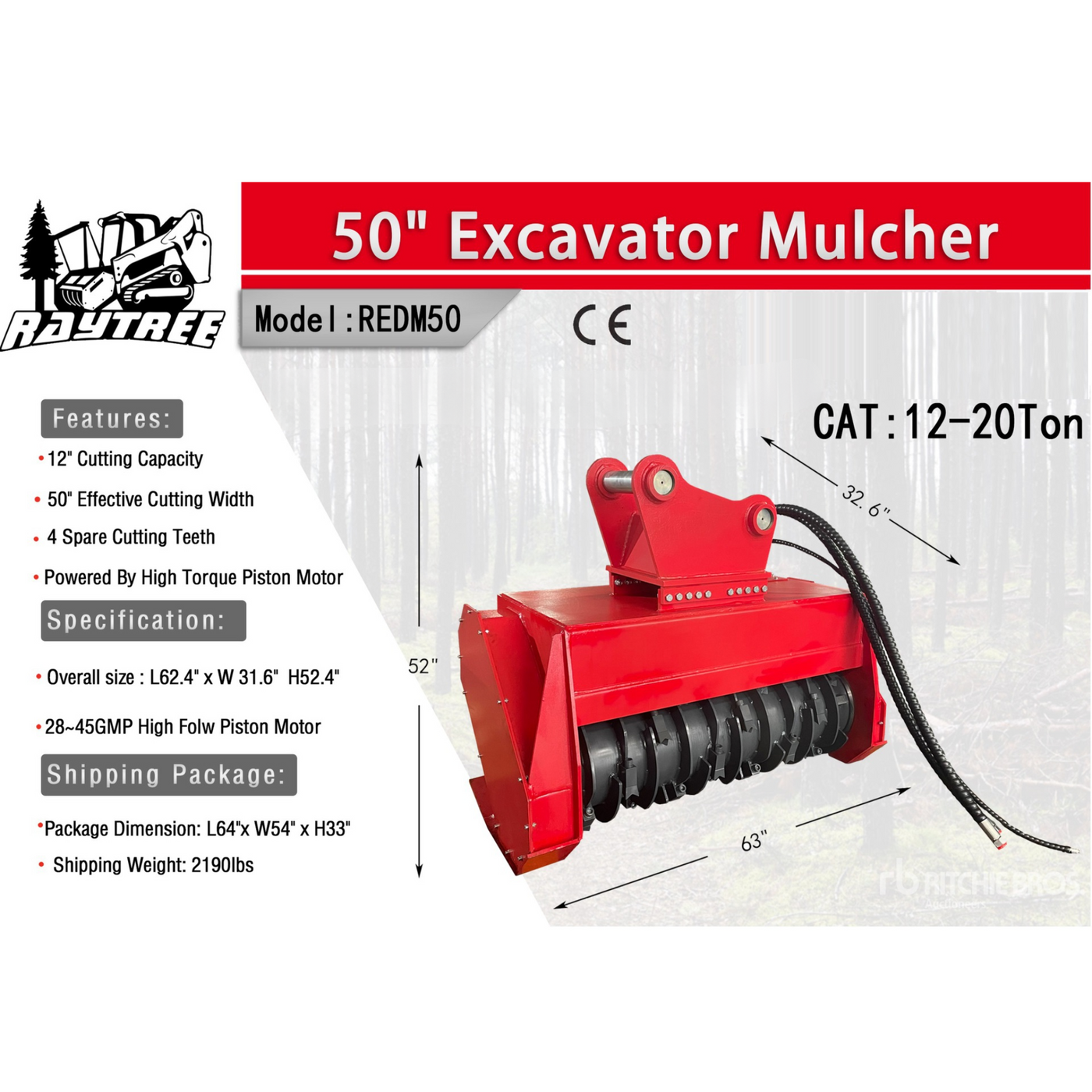 Raytree REDM50 50 Excavator Mulcher Attachment - Fits 12 - 20 ton | Ra — Bulldozer Attachments